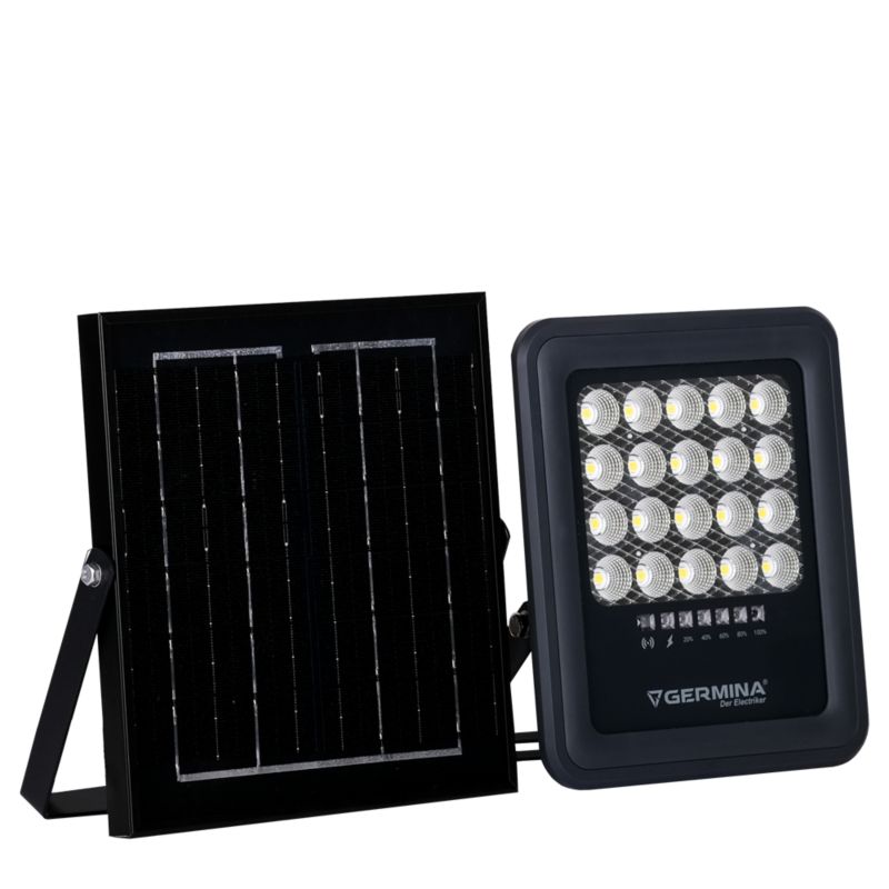 Germina 100W solcelledrevet LED‑projektør IP65 med fjernbetjening – ud ...